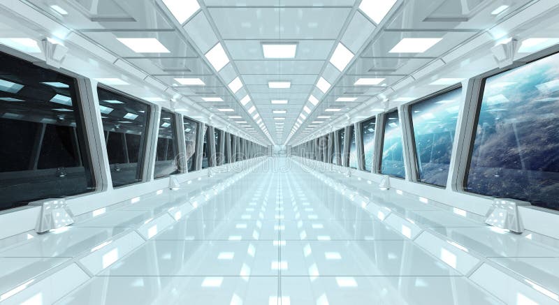 Spaceship Corridor with View on the Planet Earth 3D Rendering Elements ...