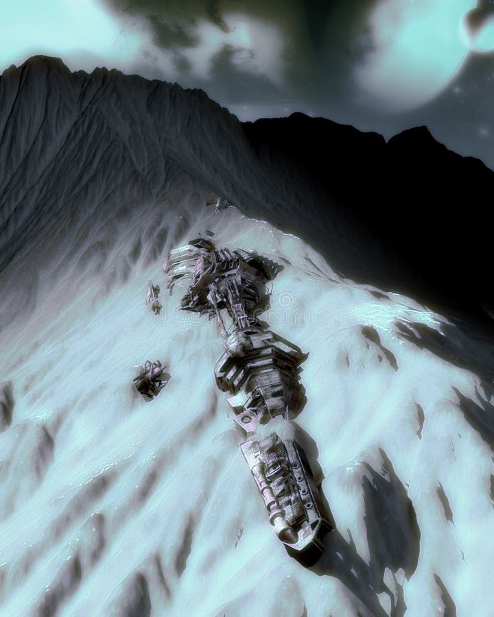 Spaceship Crashed on Rocky Ice Planet Stock Illustration - Illustration ...