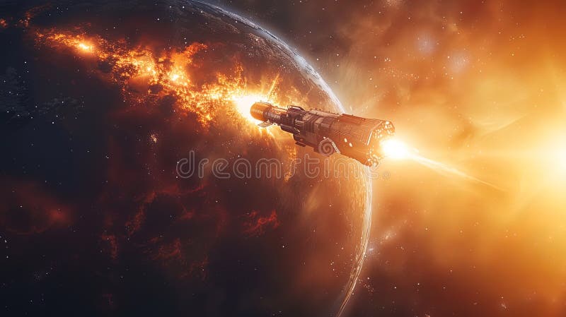 Spaceship Escaping Burning Planet in Outer Space Stock Image - Image of ...