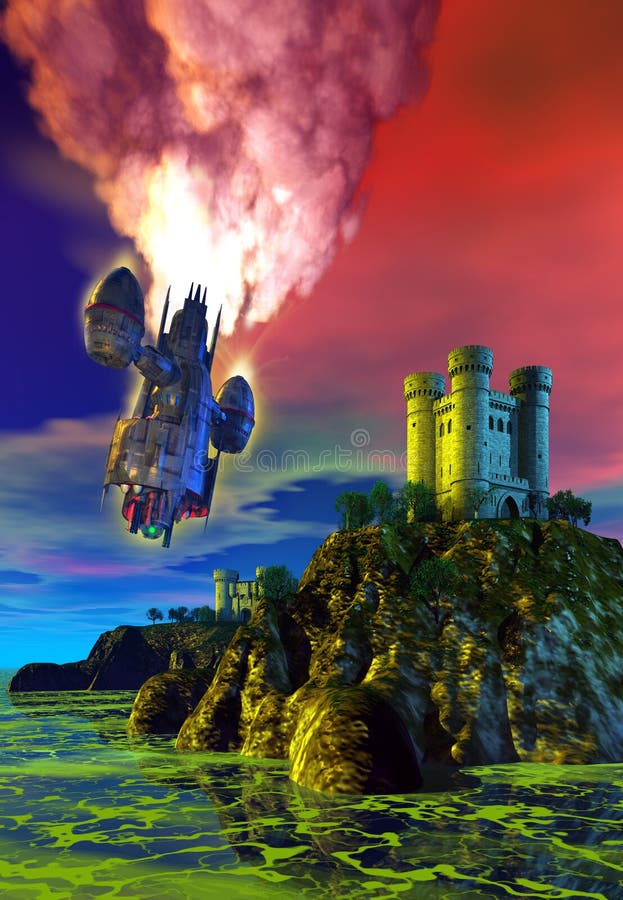 Spaceship Exploding in the Sky, in the Background a Medieval Landscape ...