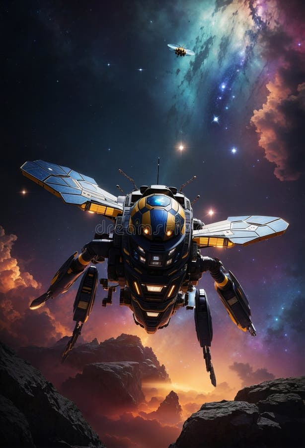 Spaceship Exploring Dark Space with Nebula, Rocks, Asteroids and Stars ...