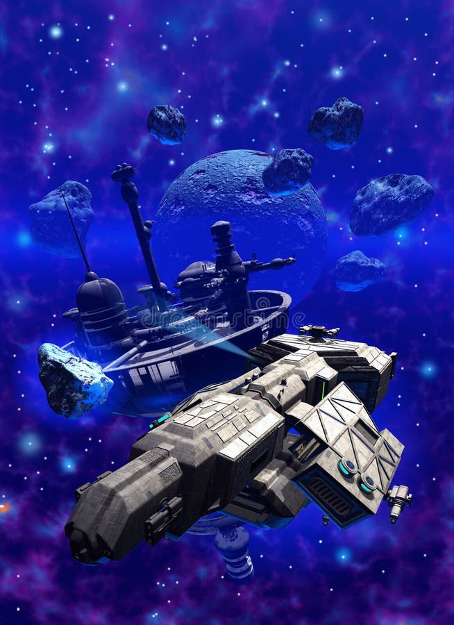 Spaceship Exploring the Wreck of a Space Base Near a Asteroids Field. 3d Rendering Stock ...