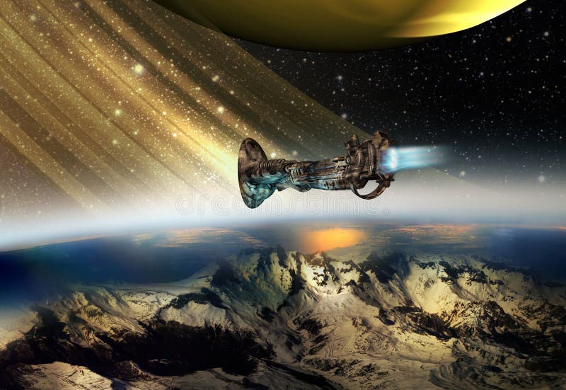 Spaceship in far worlds stock illustration. Illustration of imaginary ...