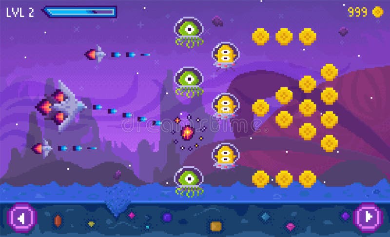 Retro Space Shooter Game Level with Alien Invaders and Spaceships in ...