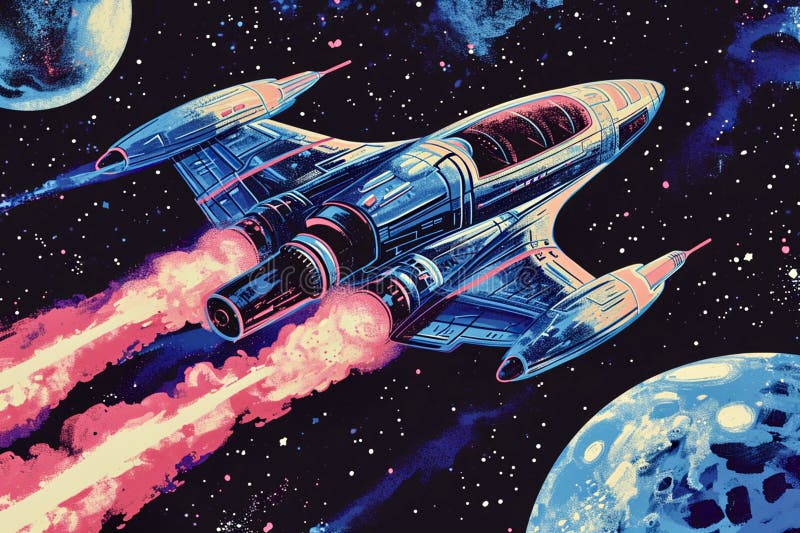 Spaceship Flies in Space Past Different Planets of the Galaxy, Postcard ...