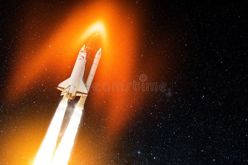 Spaceship Flight. Glowing Space Shuttle with Smoke and Blast Takes Off ...