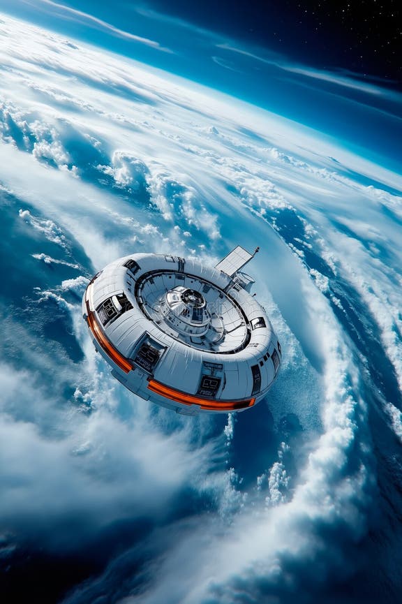A Spaceship Floating Above the Clouds in the Sky Stock Photo - Image of ...