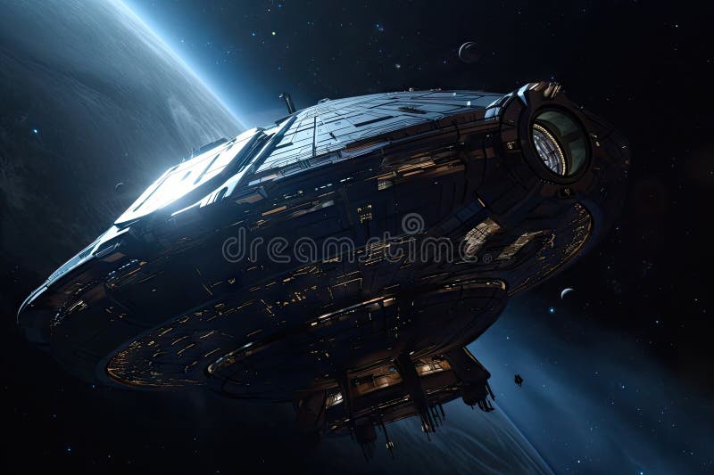 Spaceship Floating among the Stars, with View of Distant Planets ...