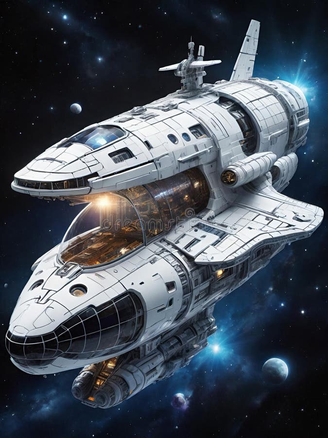 Spaceship Flying in the Dark Space, Science Fiction Scenery Stock ...