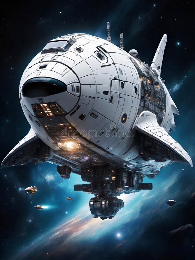 Spaceship Flying in the Dark Space, Science Fiction Scenery Stock ...