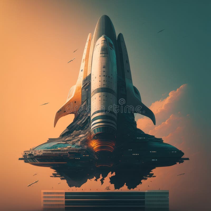 Spaceship Flying Over Building and Blue Background, Created Using ...