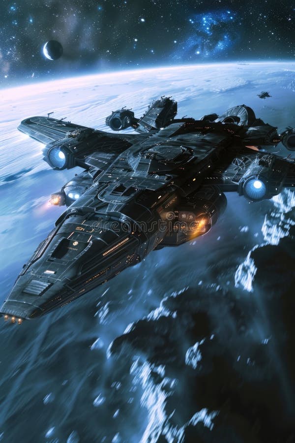 Spaceship Flying Over a Planet with a Moon in the Background. Ideal for ...