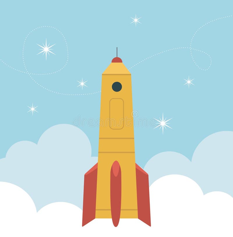 Spaceship Flying in the Sky. Rocket in the Clouds Stock Vector ...