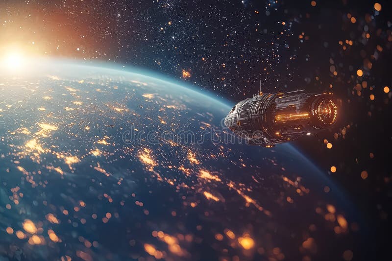 Spaceship is Flying through Space Above a Planet. Stock Image - Image ...