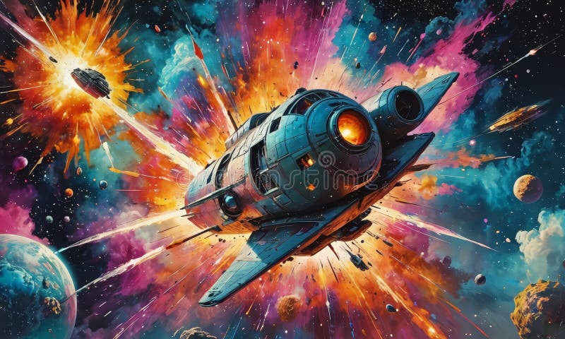 Spaceship Flying through Space with Lot Explosions Stock Illustration ...
