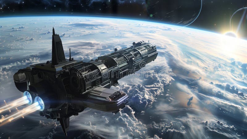 A Spaceship Flying in Space with Two Jet Operating Turbines at the Back ...