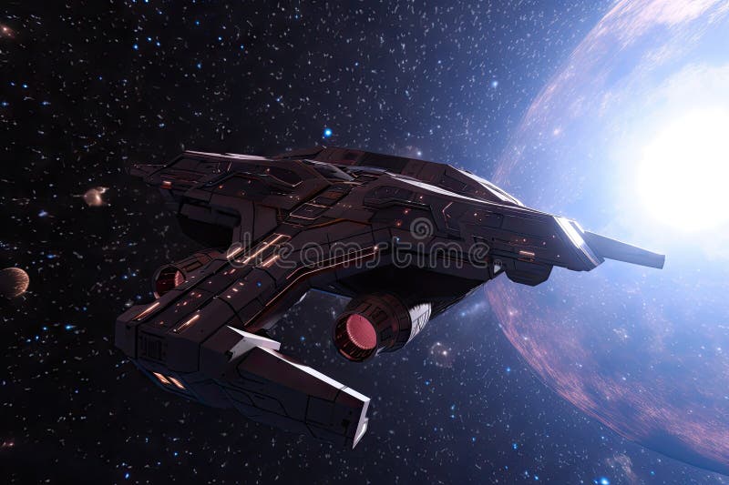 Spaceship, Flying through the Starry Expanse of Space, with View of ...