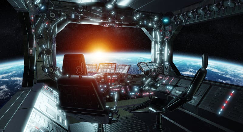 Spaceship Grunge Interior Control Room with View on Space 3D Rendering ...