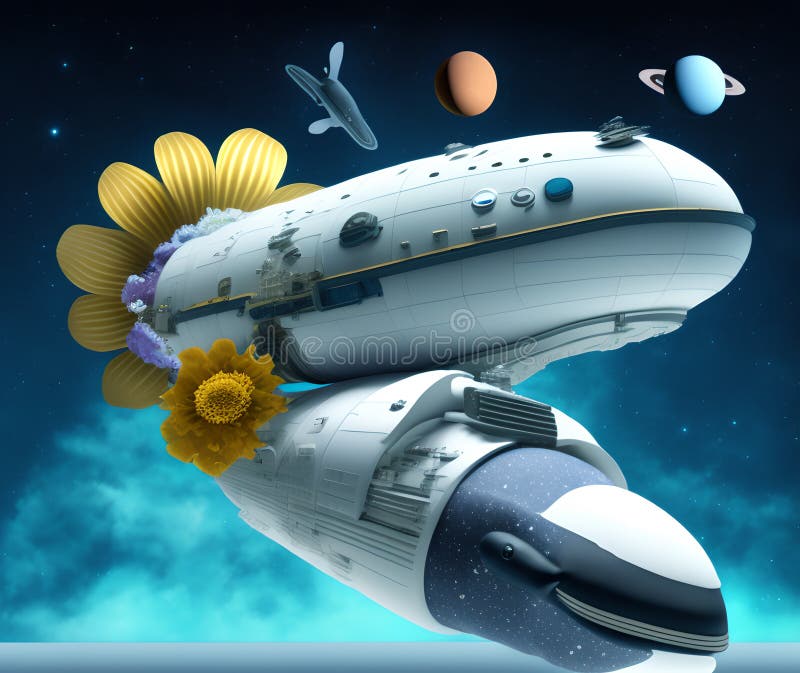 Spaceship on Infinite Improbability Drive with Whale and Flower ...