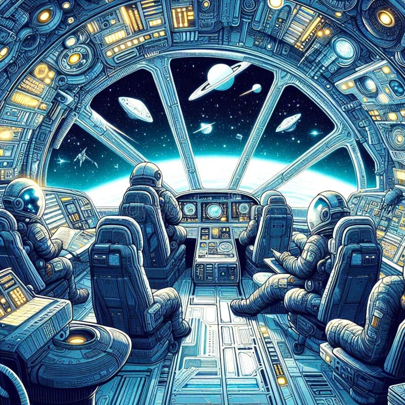 Spaceship Interior with Astronauts in Spacesuits Inside. Stock ...