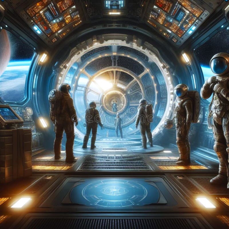 Spaceship Interior with Astronauts in Spacesuits Inside. Stock ...