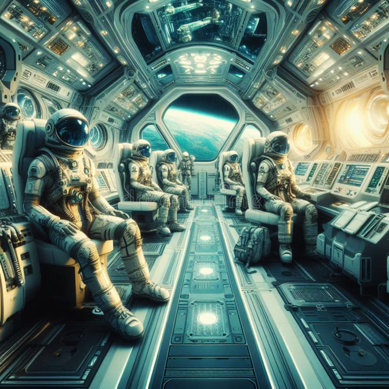 Spaceship Interior with Astronauts in Spacesuits Inside. Stock ...