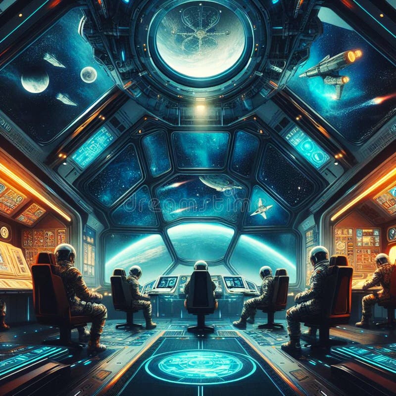 Spaceship Interior with Astronauts in Spacesuits Inside. Stock ...