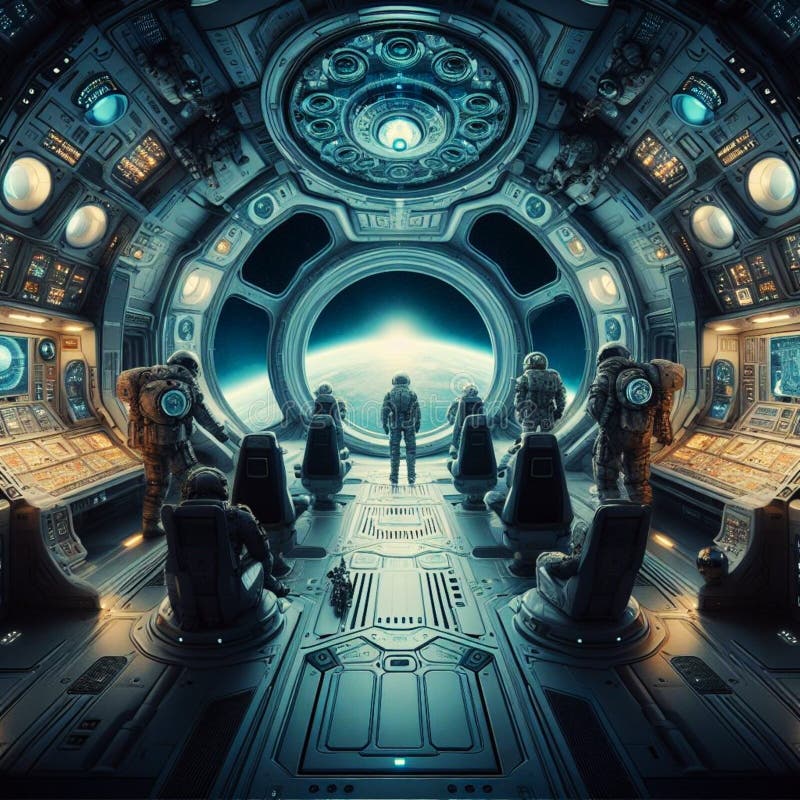 Spaceship Interior with Astronauts in Spacesuits Inside. Stock ...