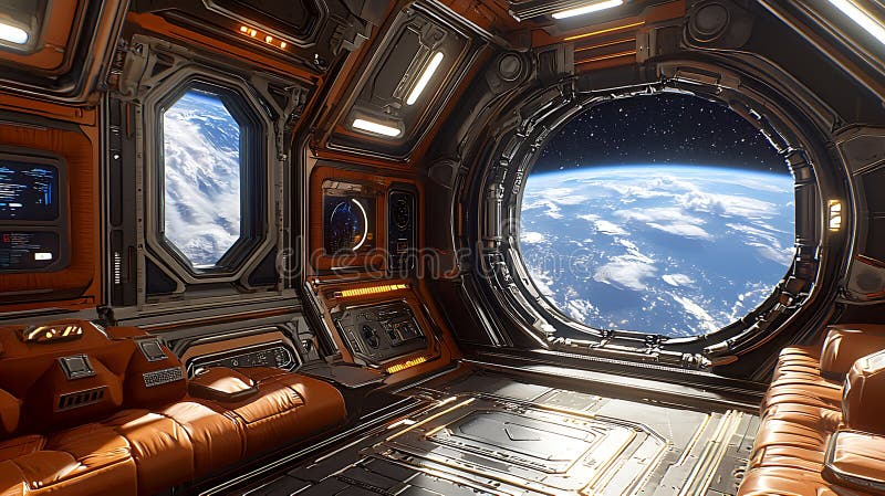 Spaceship Interior with Earth View Stock Illustration - Illustration of ...