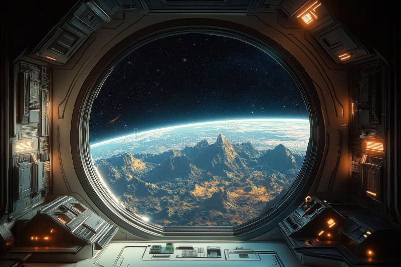 Spaceship Interior Features Large Window Alien Landscape. Dark View of ...