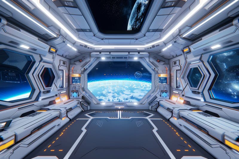 Spaceship Interior Futuristic Sci-Fi Design with View of Planet Earth ...