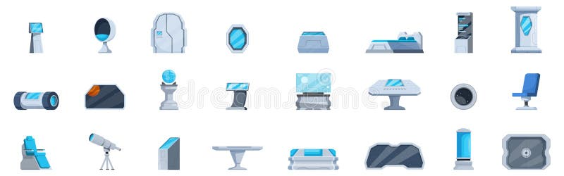 Spaceship Interior Icons Set. Spaceship Futuristic Interior Objects ...