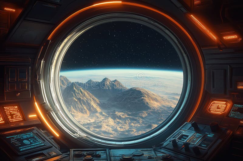 Spaceship Interior Shows Distant Planet. View from Large Circular ...