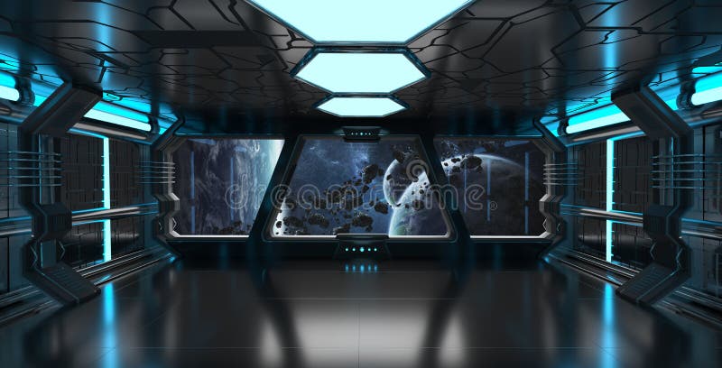 Spaceship Interior with View on Distant Planets System 3D Render Stock ...