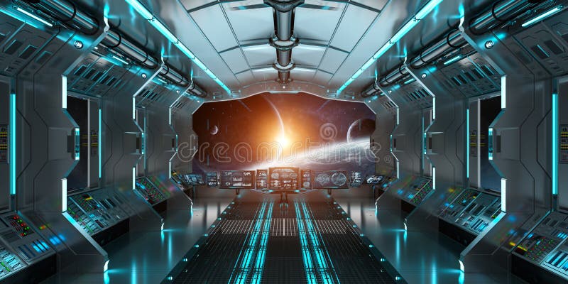 Spaceship Interior with View on Distant Planets System 3D Render Stock ...
