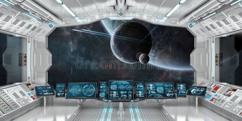 Spaceship Interior with View on Distant Planets System 3D Render Stock ...