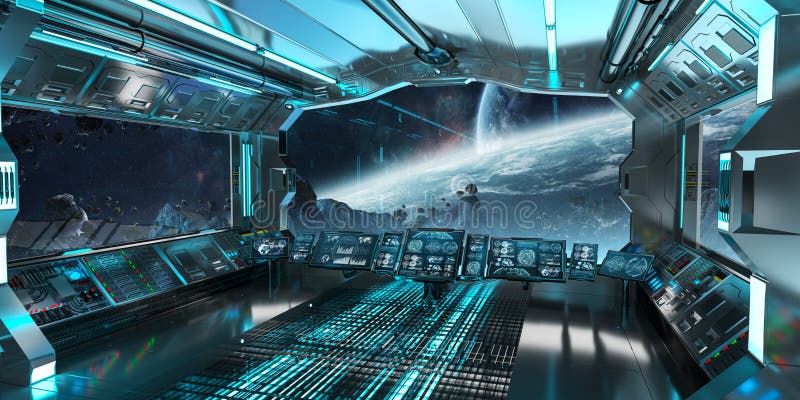 Spaceship Interior with View on Distant Planets System 3D Render Stock ...