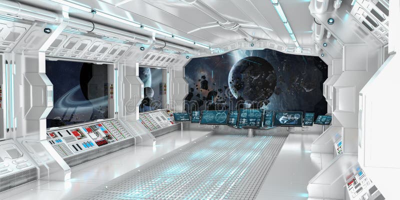 Spaceship Interior with View on Distant Planets System 3D Render Stock ...