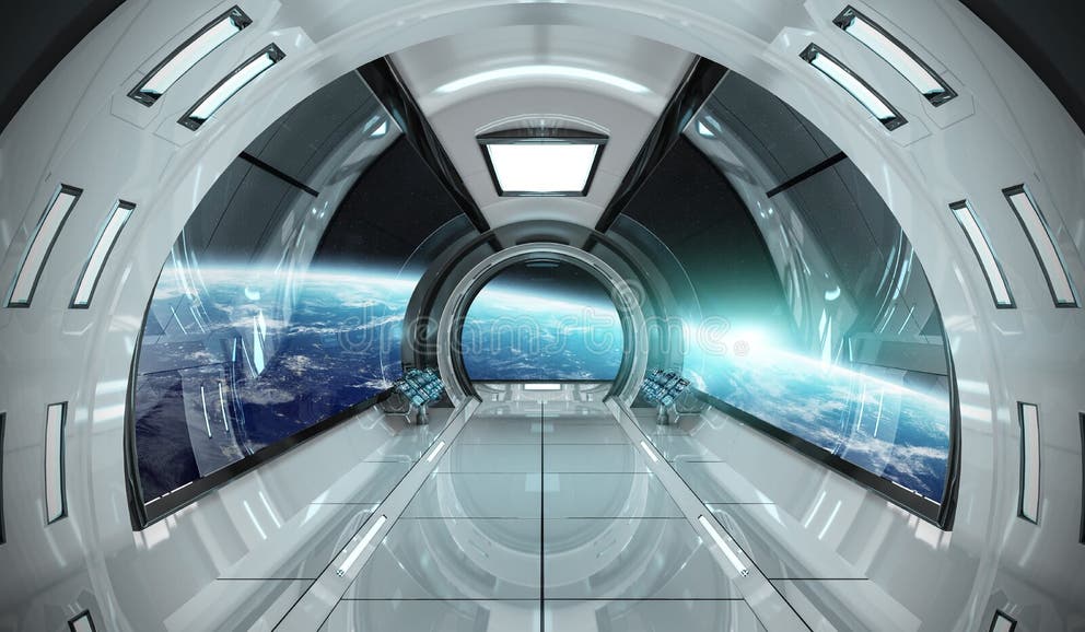 Spaceship Interior with View on Earth 3D Rendering Elements of T Stock ...