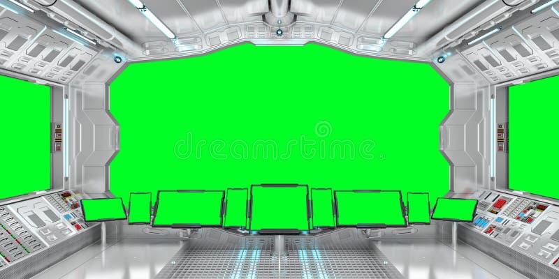 Spaceship Interior with View on Green Windows 3D Rendering Stock ...