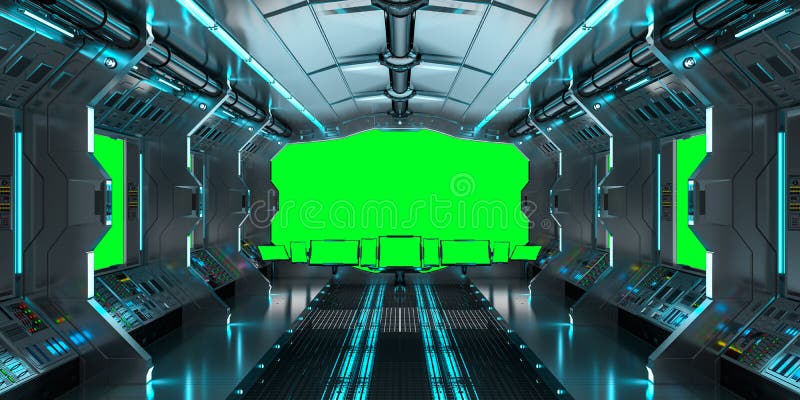 Spaceship Interior with View on Green Windows 3D Rendering Stock ...