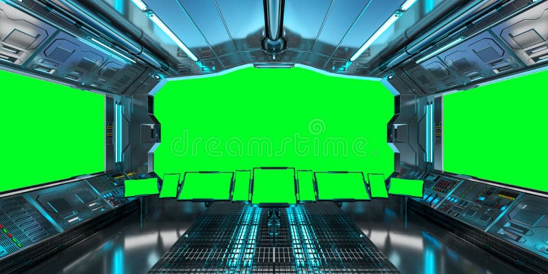 Spaceship Interior with View on Green Windows 3D Rendering Stock ...