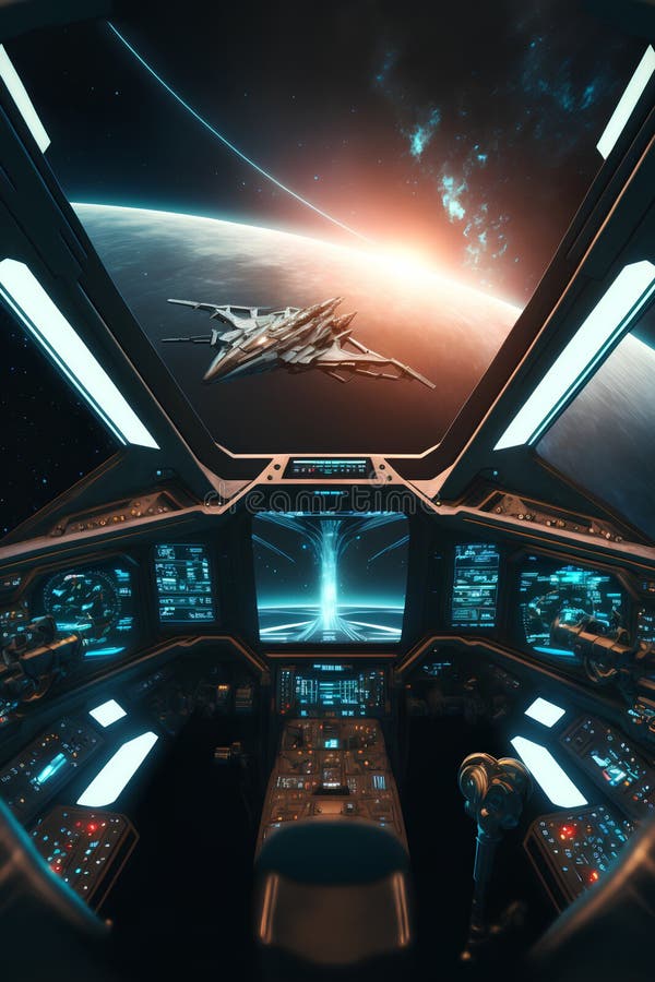 Spaceship Interior with View on the Planet Earth 3D Rendering Stock ...