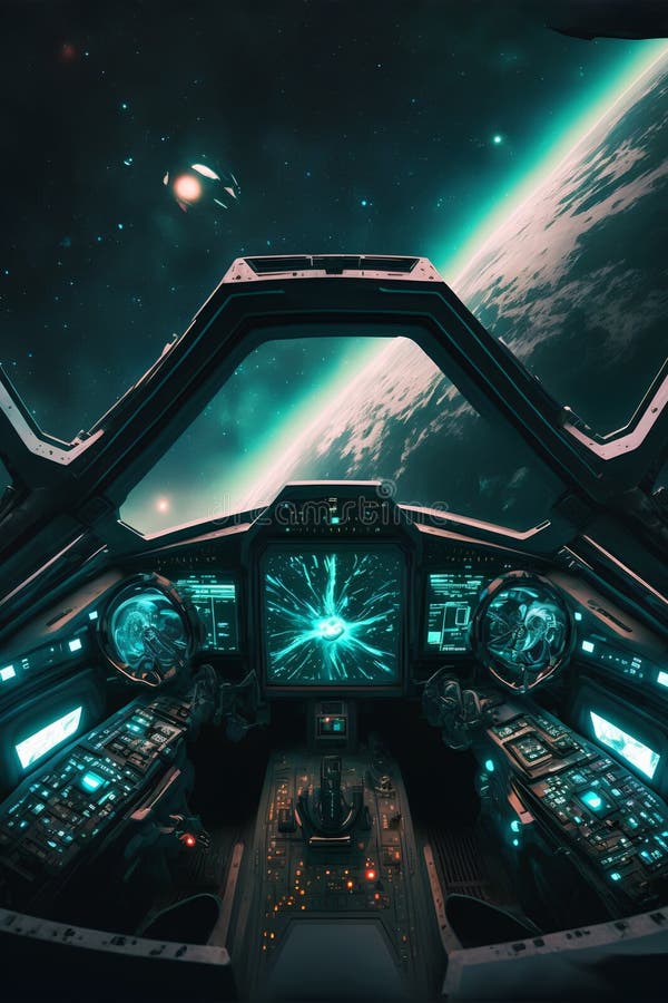 Spaceship Interior with View on Planet Earth. 3D Rendering Stock ...