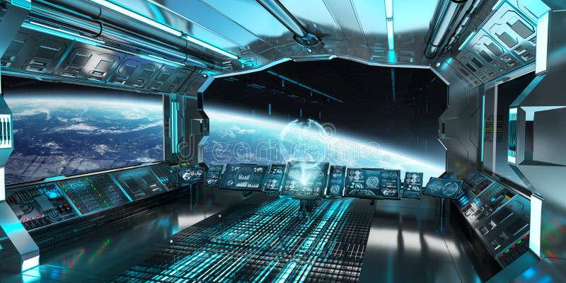 Spaceship Interior with View on the Planet Earth 3D Rendering Elements ...