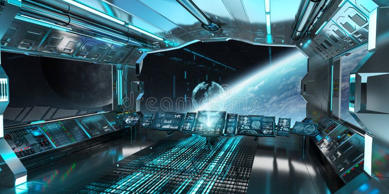 Spaceship Interior with View on the Planet Earth 3D Rendering Elements ...
