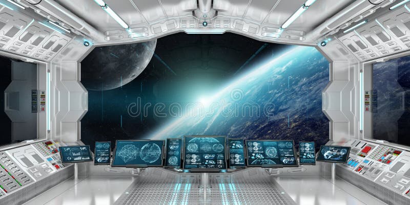 Spaceship Interior with View on the Planet Earth 3D Rendering Elements ...