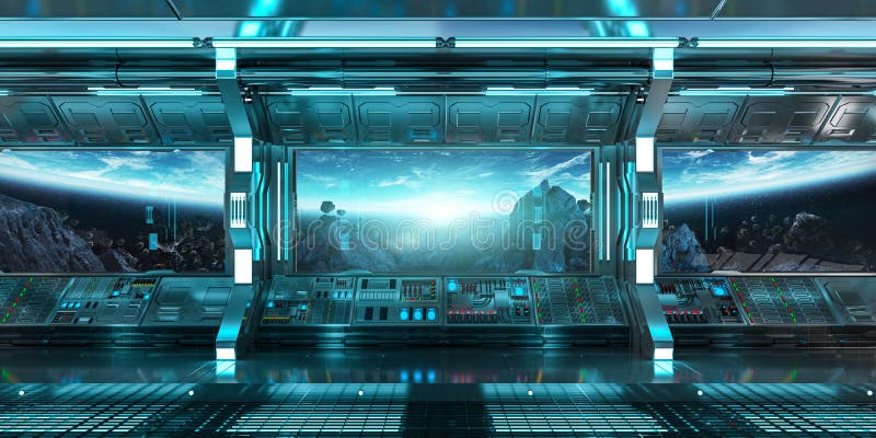 Spaceship Interior with View on the Planet Earth 3D Rendering Elements ...