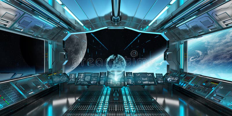 Spaceship Interior with View on the Planet Earth 3D Rendering Elements ...