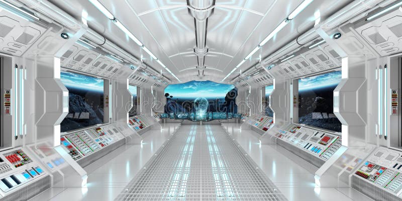 Spaceship Interior with View on the Planet Earth 3D Rendering Elements ...